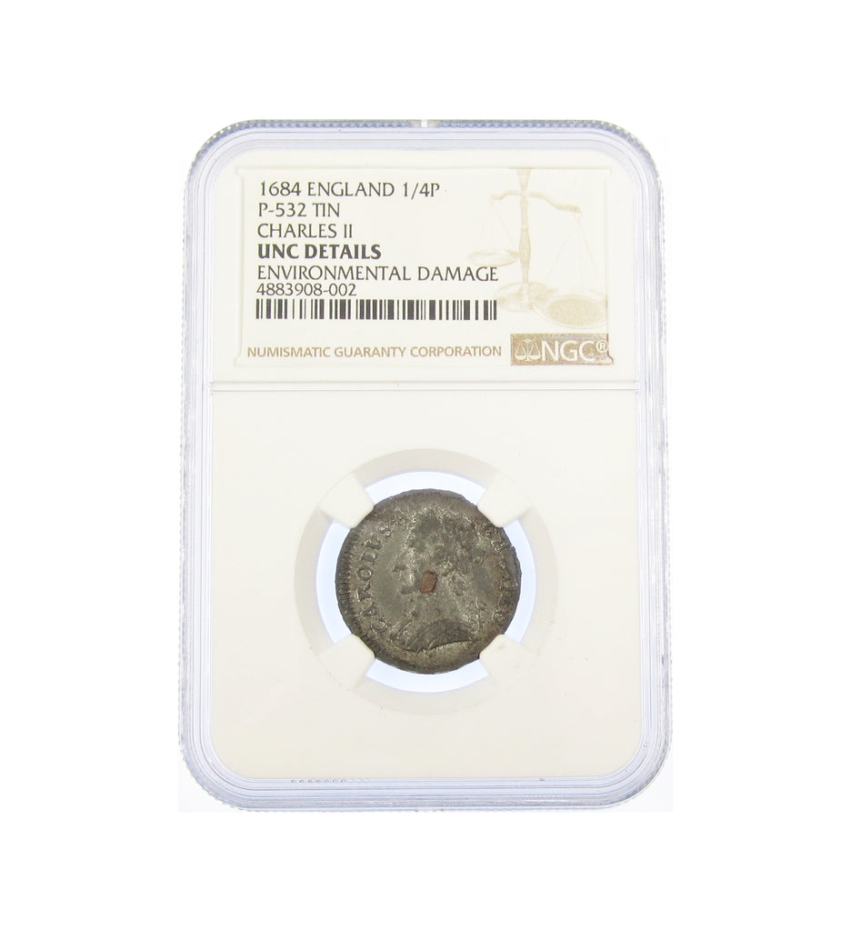 Charles II 1684 Tin Farthing - NGC UNC – Coopers Coins